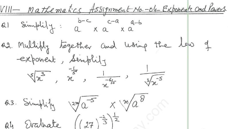 CBSE Class 8 Mathematics Exponents and Powers Assignments Set F